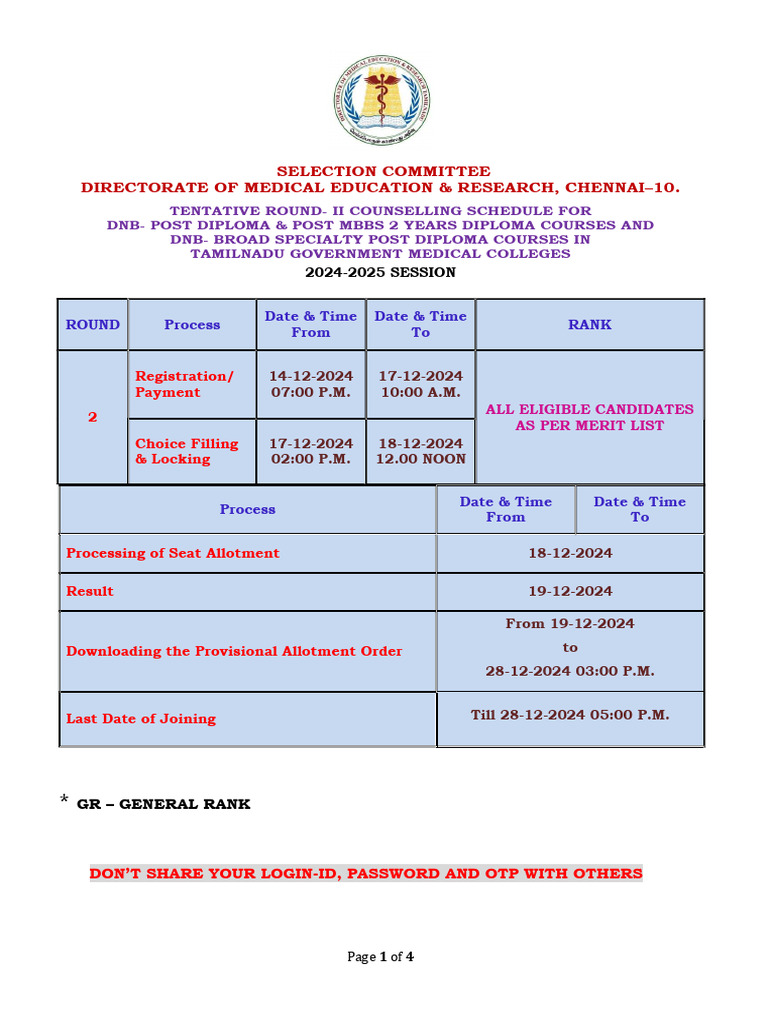 Round 2 Revised Schedule (15.12.2024) | PDF | Medical School