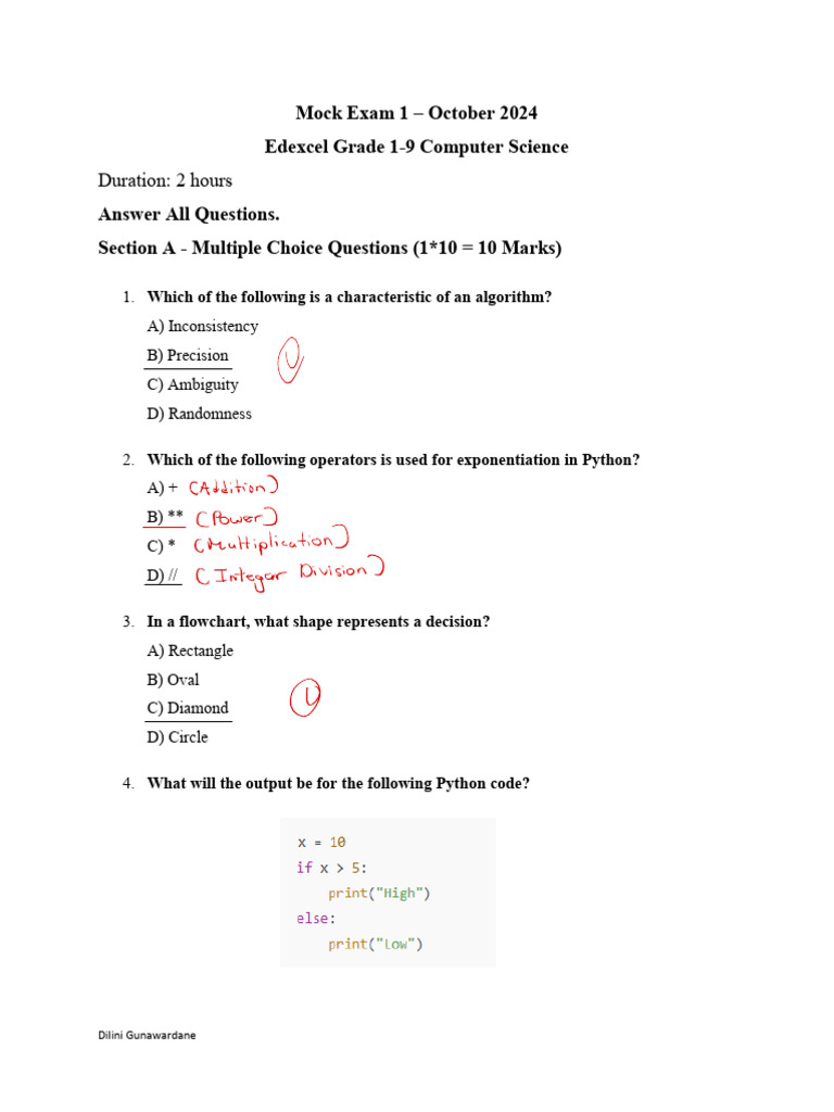 CS Mock Exam 1 - November | PDF | Software Engineering | Theoretical ...