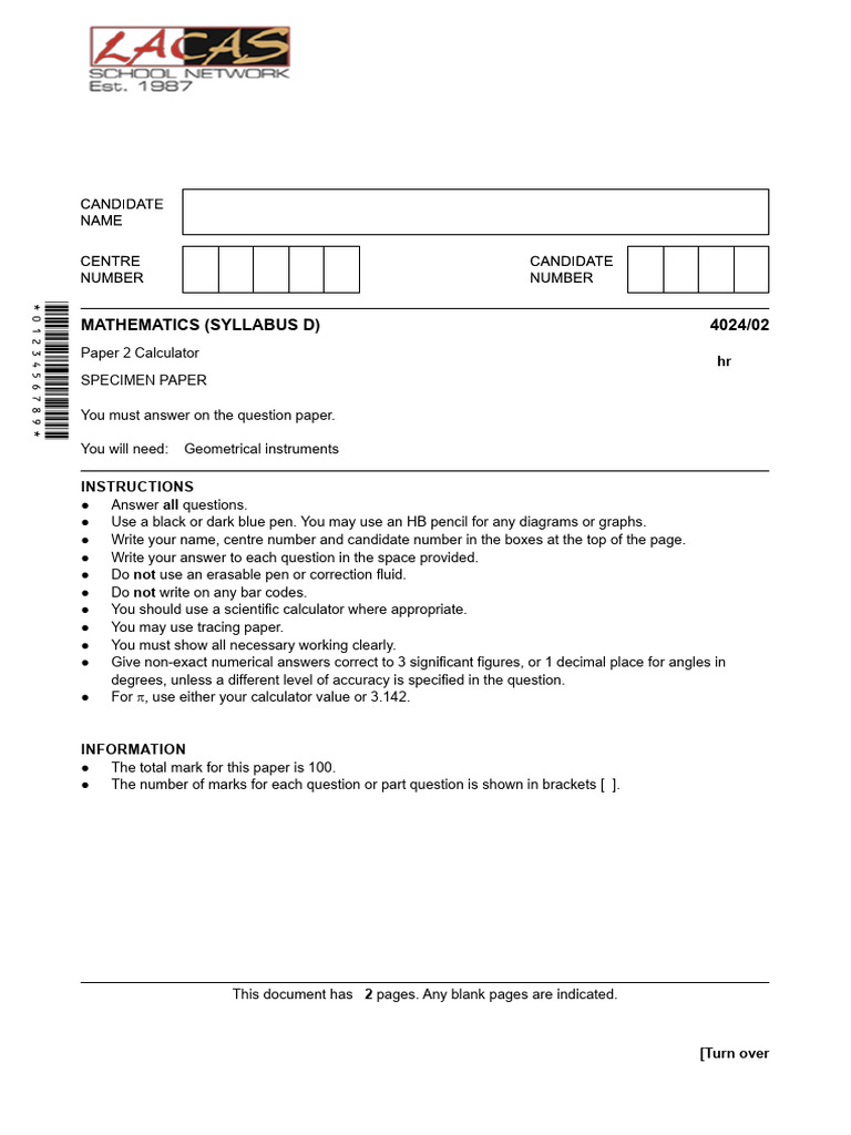 Specimen Paper 2 (Mathematics) | PDF | Area | Geometric Shapes