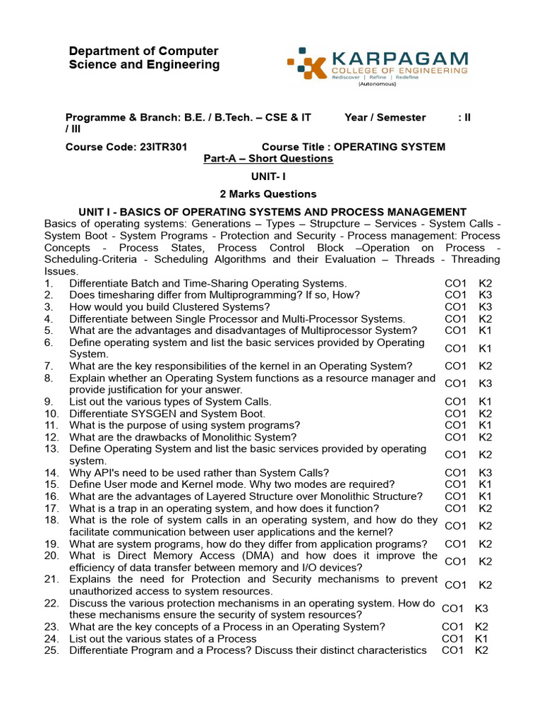 23ITR301-OPERATING SYSTEM QUESTION BANK.docx (1) | PDF | Virtualization | File System