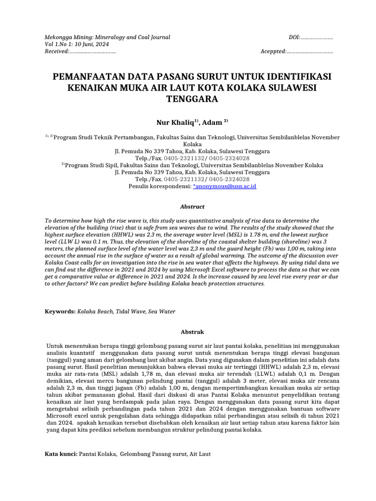 Pemanfaatan Data Pasang Surut Untuk Identifikasi Kenaikan Muka Air Laut Kolaka | PDF