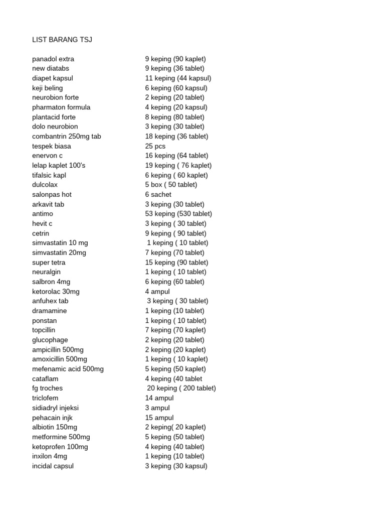 List Barang TSJ | PDF