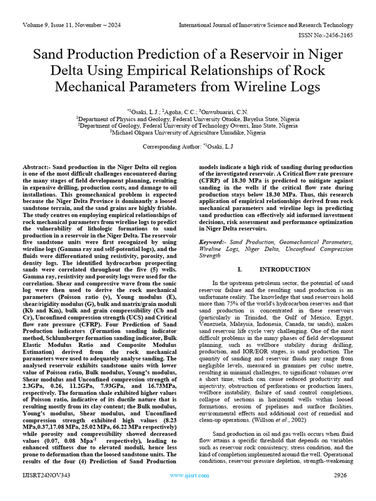 Sand Production Prediction of A Reservoir in Niger Delta Using ...