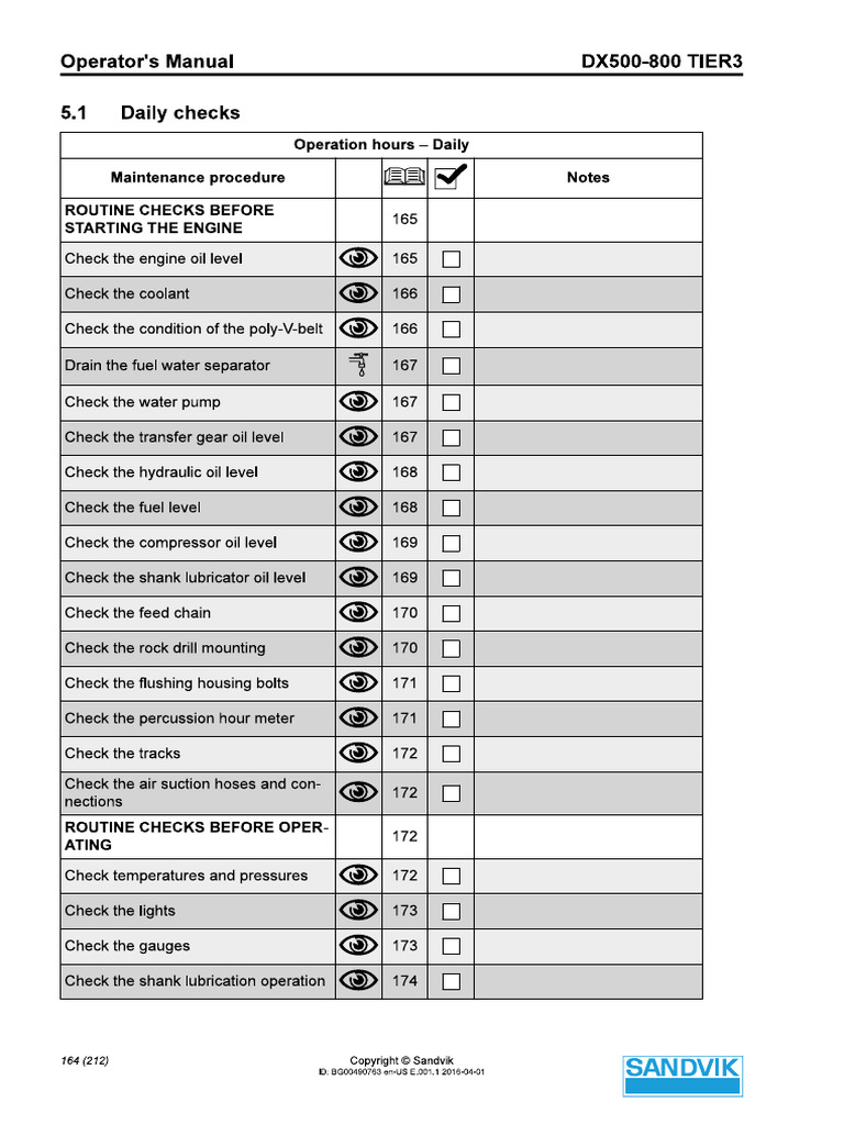 Daily Check List - Drilling Machines | PDF