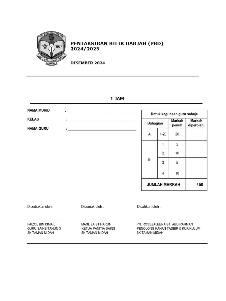 COVER SAINS TAHAP 1 PBD THN 3 202425 | PDF