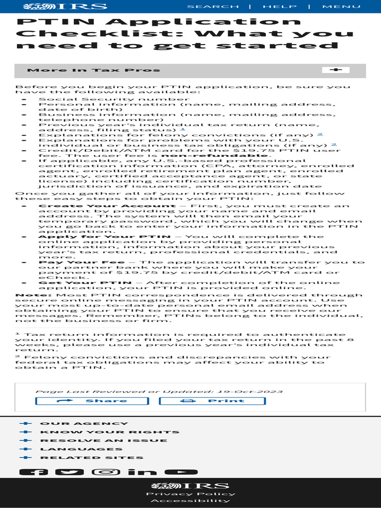 PTIN Application Checklist What You Need To Get Started Internal ...