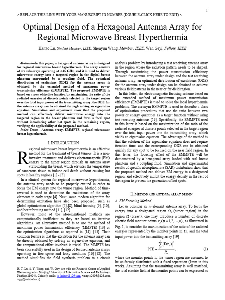 Optimal Design of A Hexagonal Antenna Array For Regional Microwave Breast Hyperthermia | PDF ...