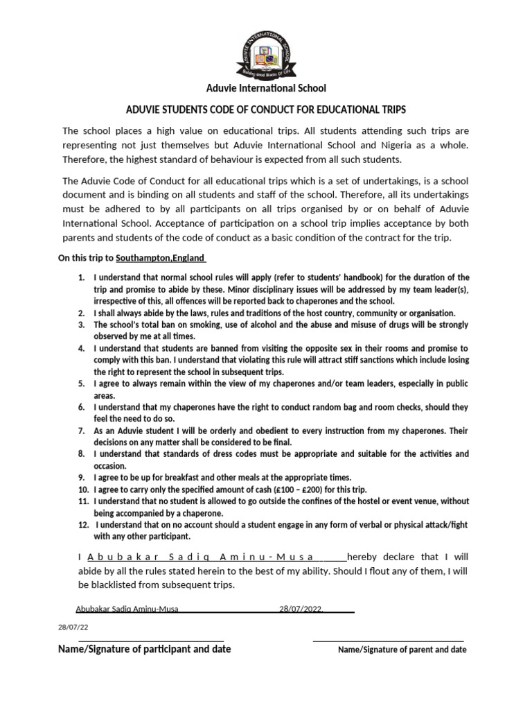 Aduvie School Trip Code of Conduct | PDF | Justice | Crime & Violence