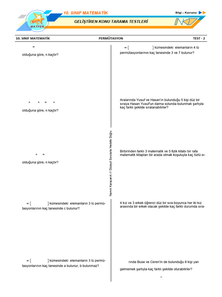 Sınıf Matematik Permütasyon Test 2 | PDF