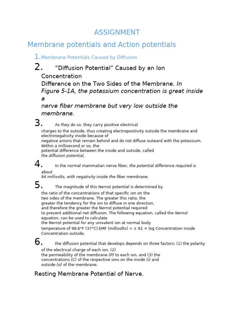 ASSIGNMENT | PDF | Membrane Potential | Membrane Biology