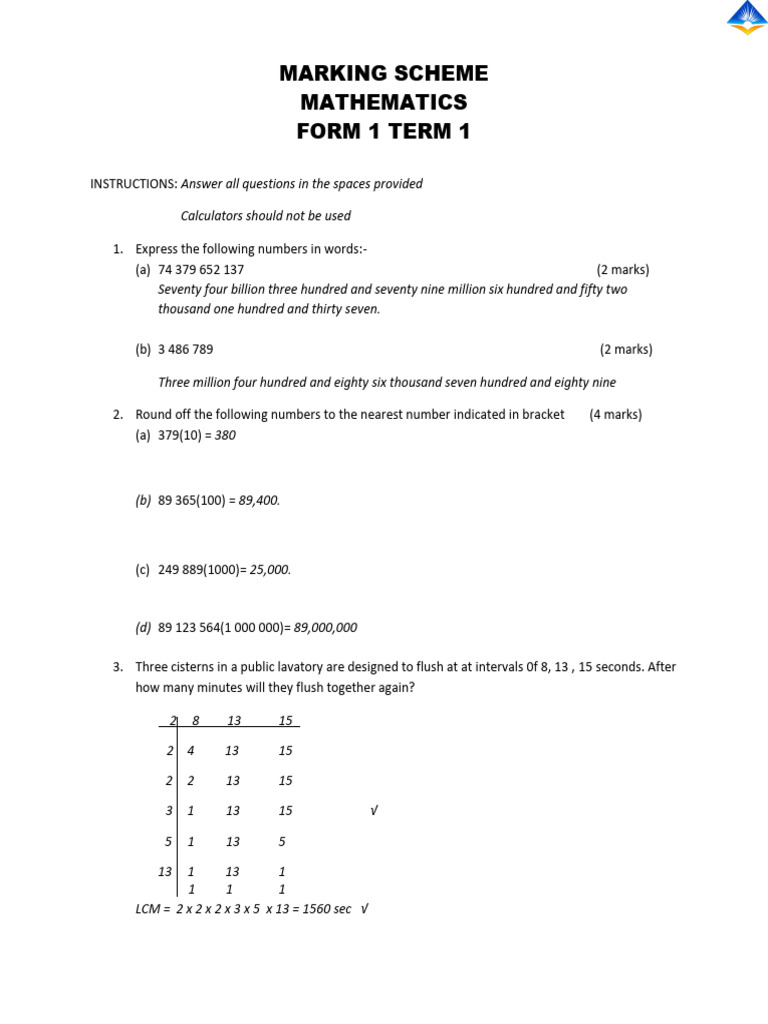 Form 1 Term 1 Math Marking Scheme | PDF | Elementary Mathematics | Number Theory