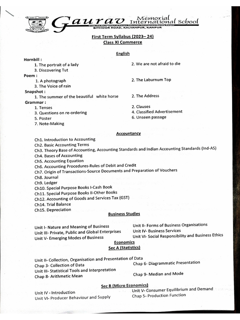 First Term Syllabus Class XI C | PDF