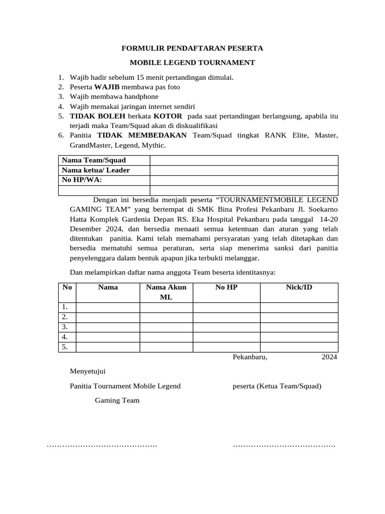 FORMULIR PENDAFTARAN PESERTA MOBILE LEGEND | PDF FORMULIR PENDAFTARAN PESERTA MOBILE LEGEND | PDF