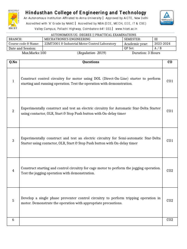 Model Exam Question - Paper - 22MT3001 - Industrial Motor Control ...