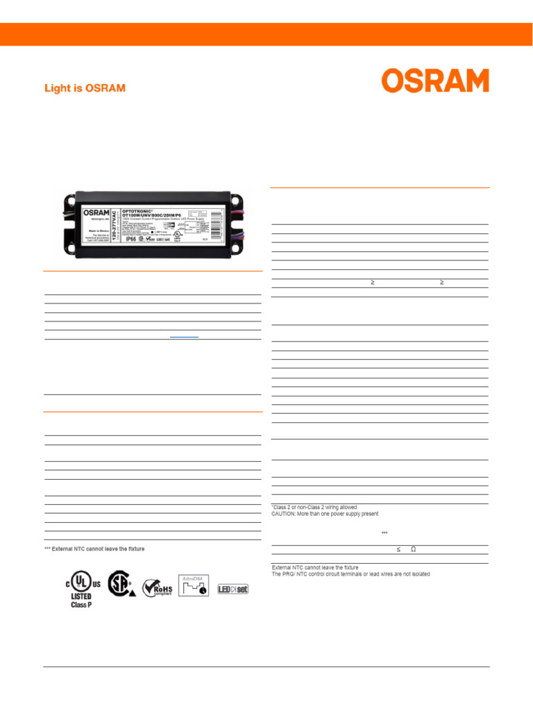 Specification Sheet - 79368 OT100W UNV 800C 2DIM P6 | PDF | Power Supply | Electromagnetism
