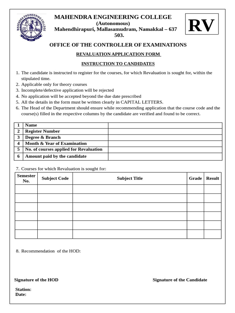 Revaluation Application Form | PDF