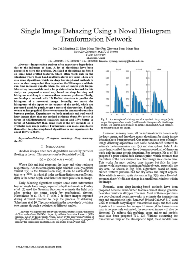 Single Image Dehazing Using A Novel Histogram Tranformation Network | PDF | Algorithms | Applied ...