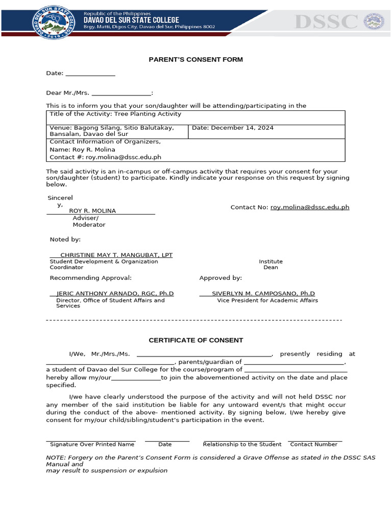 Parent's Consent - Extra Curricular F1.1 | PDF