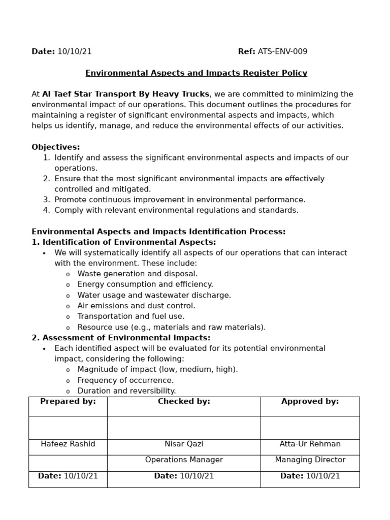 Environmental Aspects and Impacts Register Policy | PDF | Environmental ...