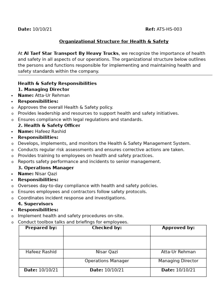 Organizational Structure For Health & Safety | PDF | Occupational ...