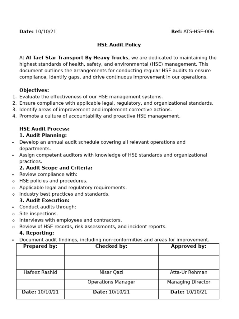 HSE Audit Policy | PDF | Audit | Regulatory Compliance