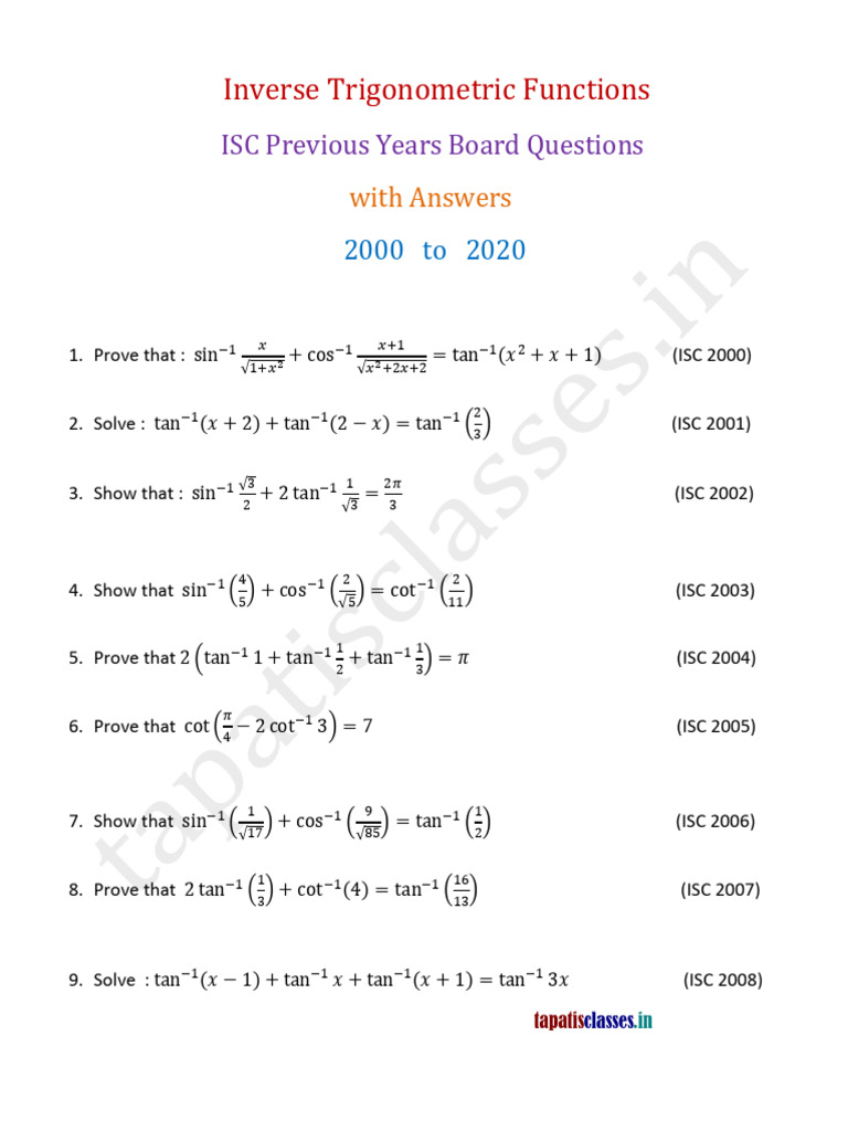 Inverse Trigonometric Functions - Previous Years Board Questions 2000 To 2020 With Answers of ...