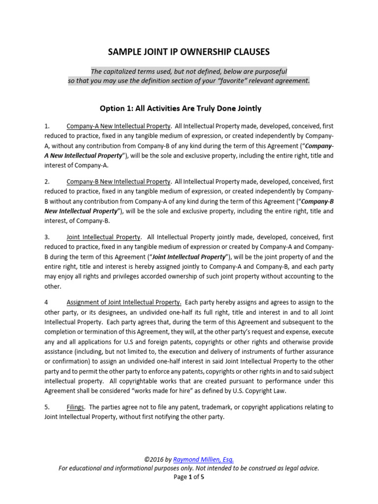 Joint IP Ownership Clauses Guide | PDF | Intellectual Property | Copyright