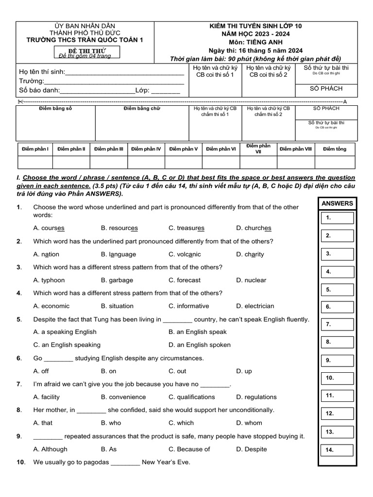 Ta9 Đề Thi Thử TS10 | PDF
