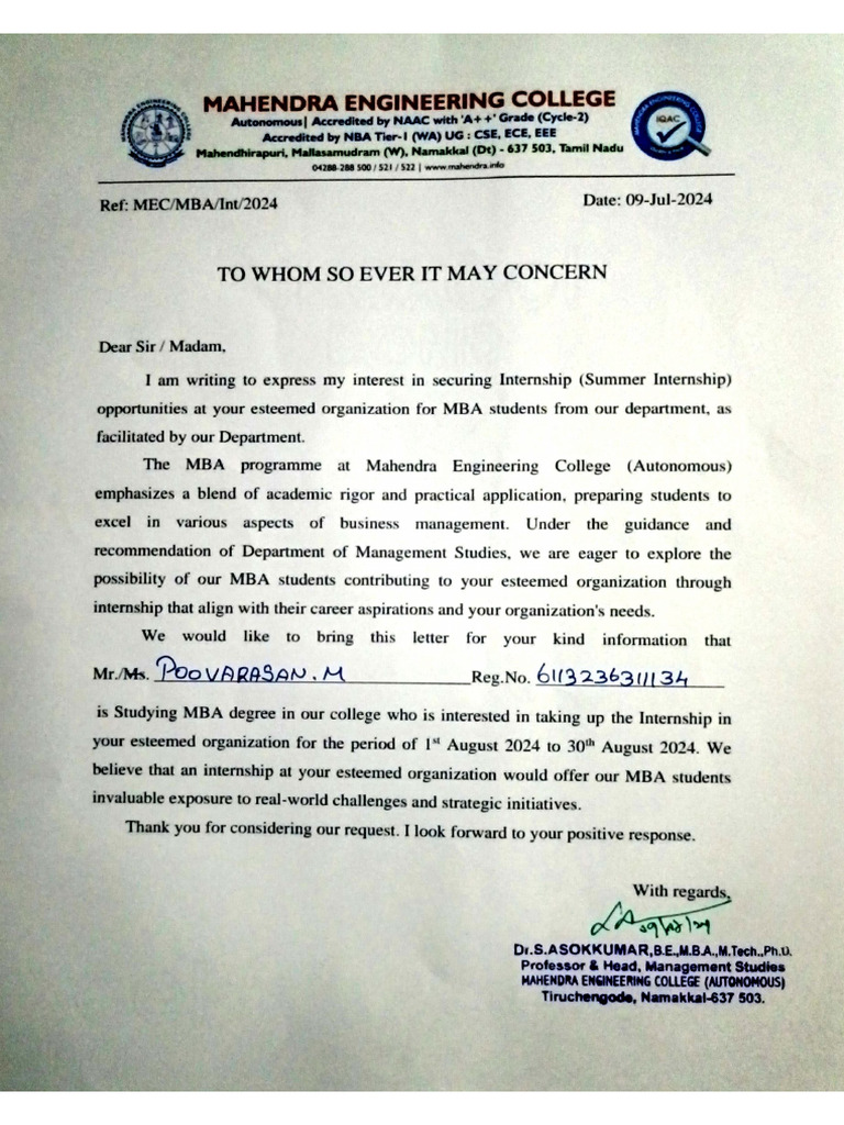 Internship Bonafide | PDF