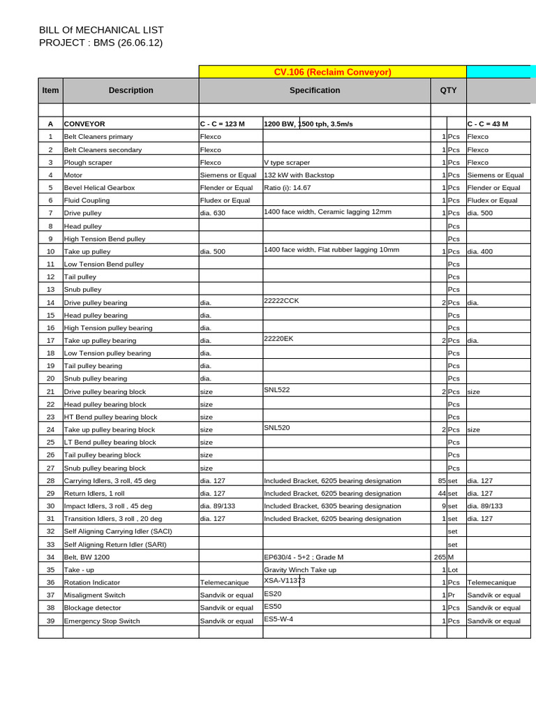 Bill of Mechanical List PROJECT: BMS (26.06.12) : Item Description Specification QTY ...
