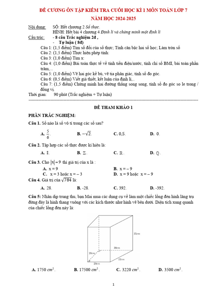 DE CUONG CUOI HK1 TOAN 7 NAM HOC 2024-2025 de 1-5 5050b | PDF