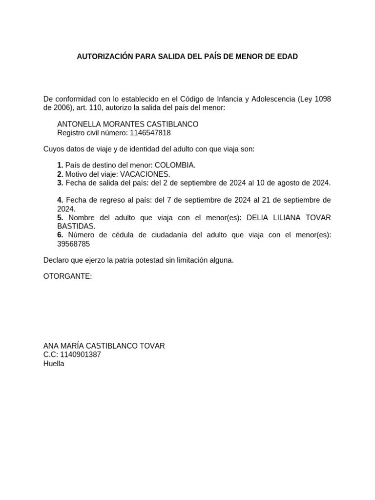 Autorizacion Para Salida Del Pais de Menor de Edad | PDF