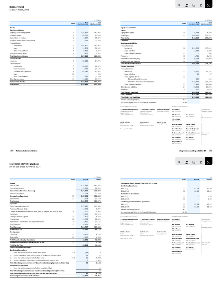 Reliance Industries Balance Sheet 2024 | PDF | Equity (Finance) | Business Economics