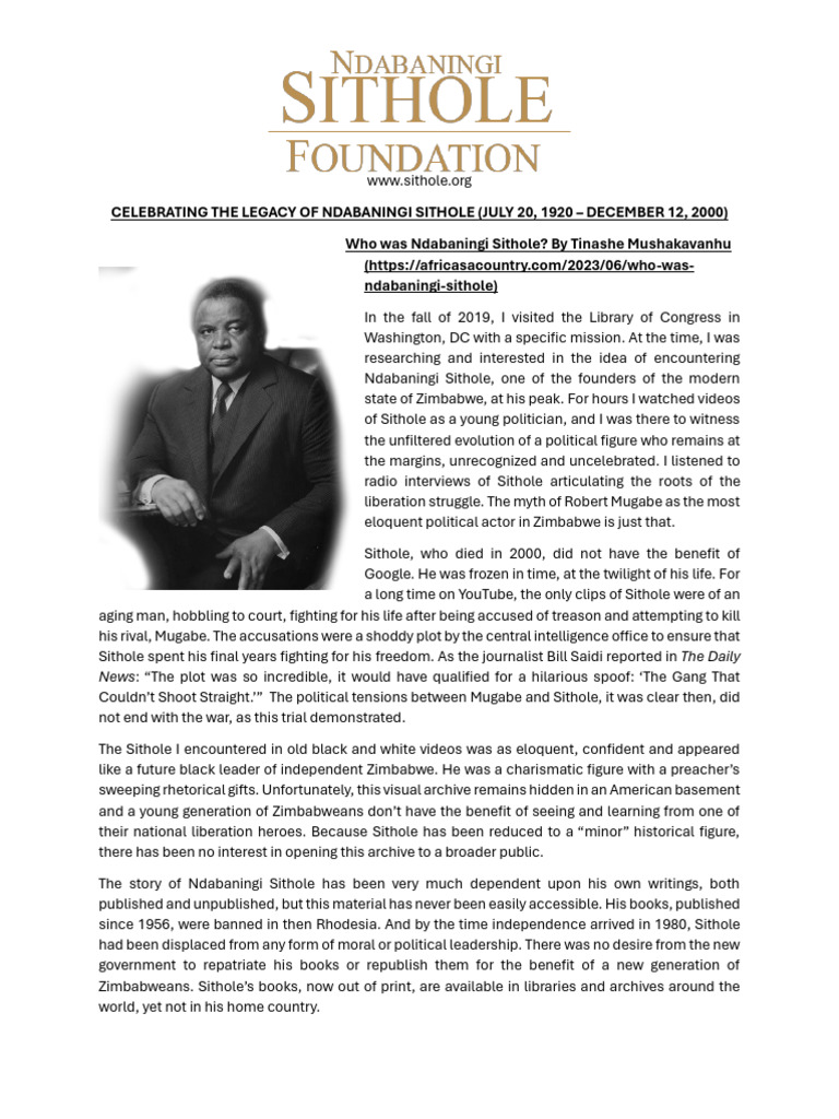 CELEBRATING THE LEGACY OF NDABANINGI SITHOLE (20 JULY 1920 - 12 DECEMBER 2000) | PDF | Zimbabwe ...