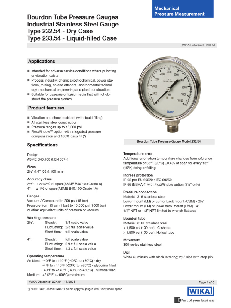 WIKA-23254-datasheet | PDF | Pressure Measurement | Pressure