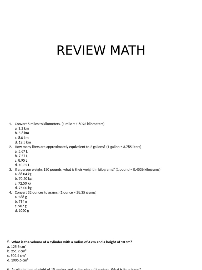REVIEW MATH | PDF | Volume | Pound (Mass)