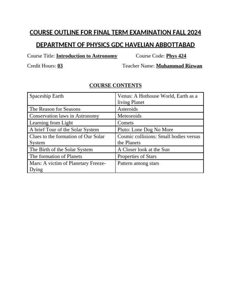 Astronomy Course Outline Fall 2024 | PDF