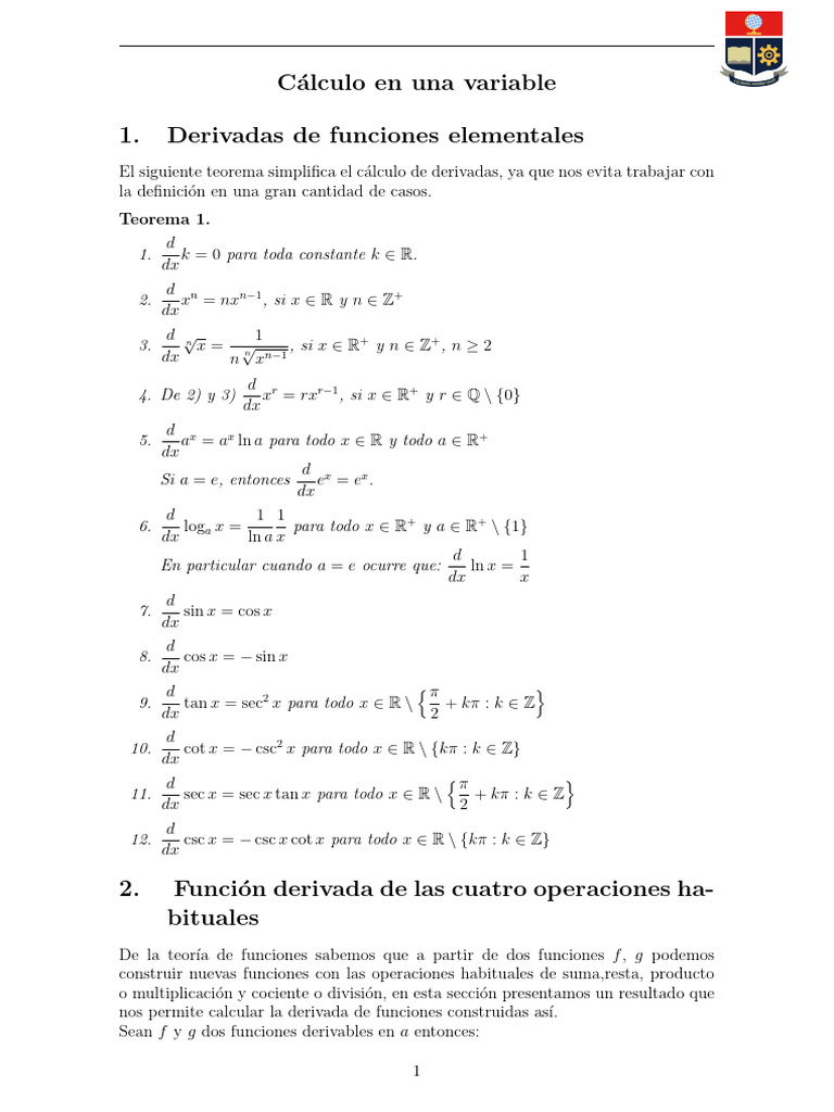 Derivadas de Funciones Elementales | PDF | Derivado | Función (Matemáticas)