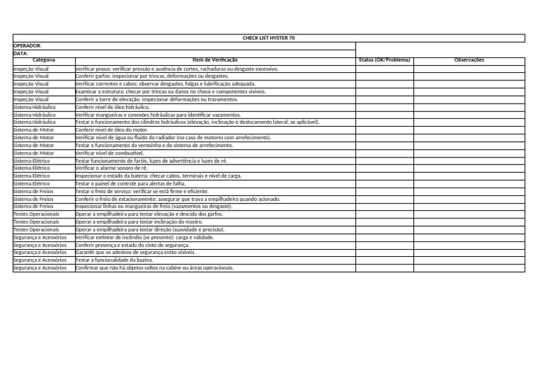 Check List Hyster H70 | PDF | Motores | Freio