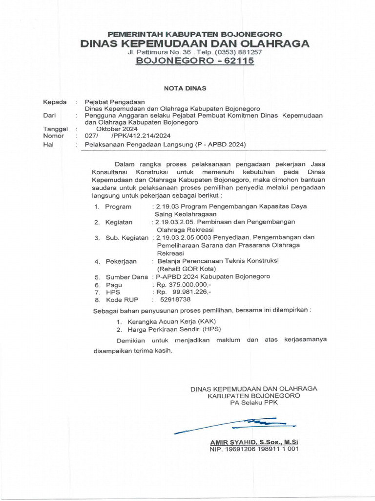 NOTA DINAS Belanja Perencanaan Teknis Konstruksi Pembangunan Rehat Gor ...