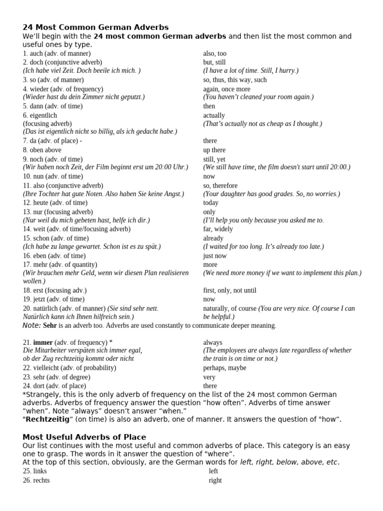 Most Common German Adverbs | PDF | Adverb | Language Mechanics