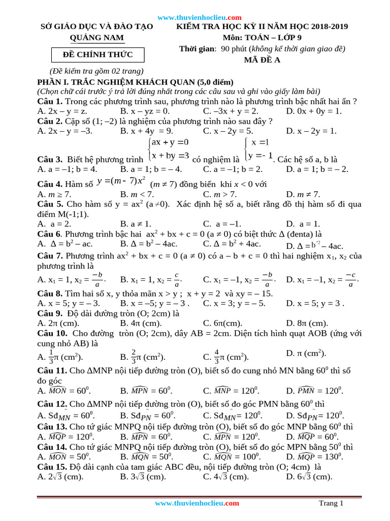 De Thi HK2 Toan 9 Quang Nam 18 19 | PDF