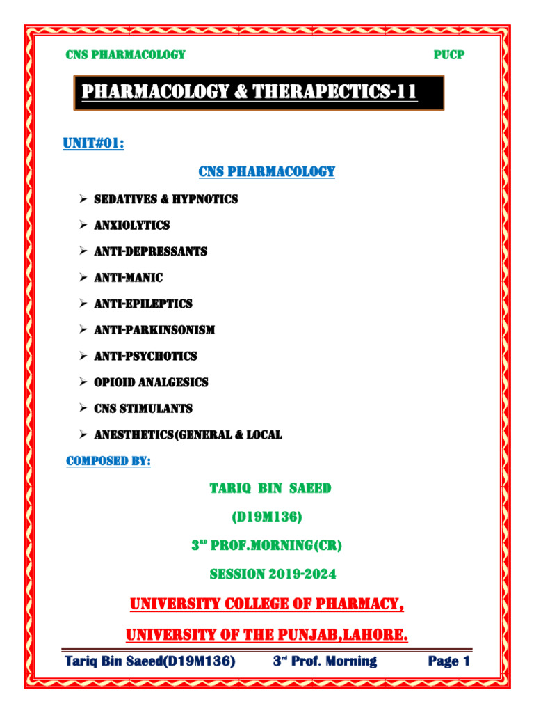 CNS Pharmacology (Tariq Saeed D19M136) Docx - 010524 | PDF | Benzodiazepine | Selective ...
