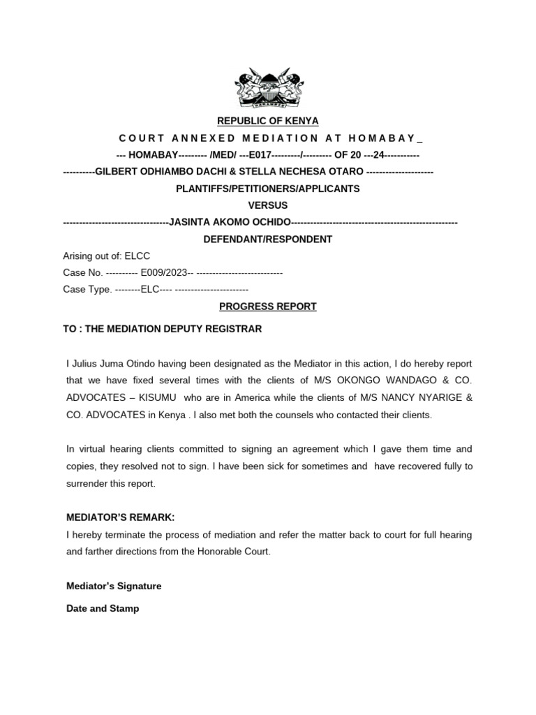 Mediation Form Progress Report - Homabay | PDF