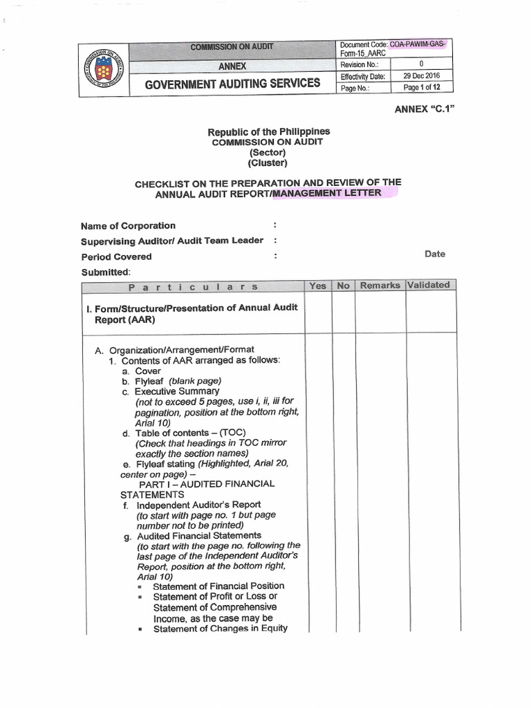 Checklist On The Preparation and Review of The AAR and ML Annex C.1 | PDF