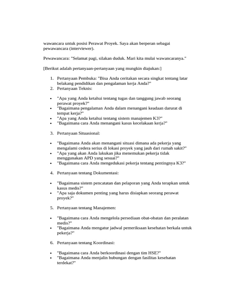 Contoh Wawancara Untuk Posisi Perawat Proyek | PDF