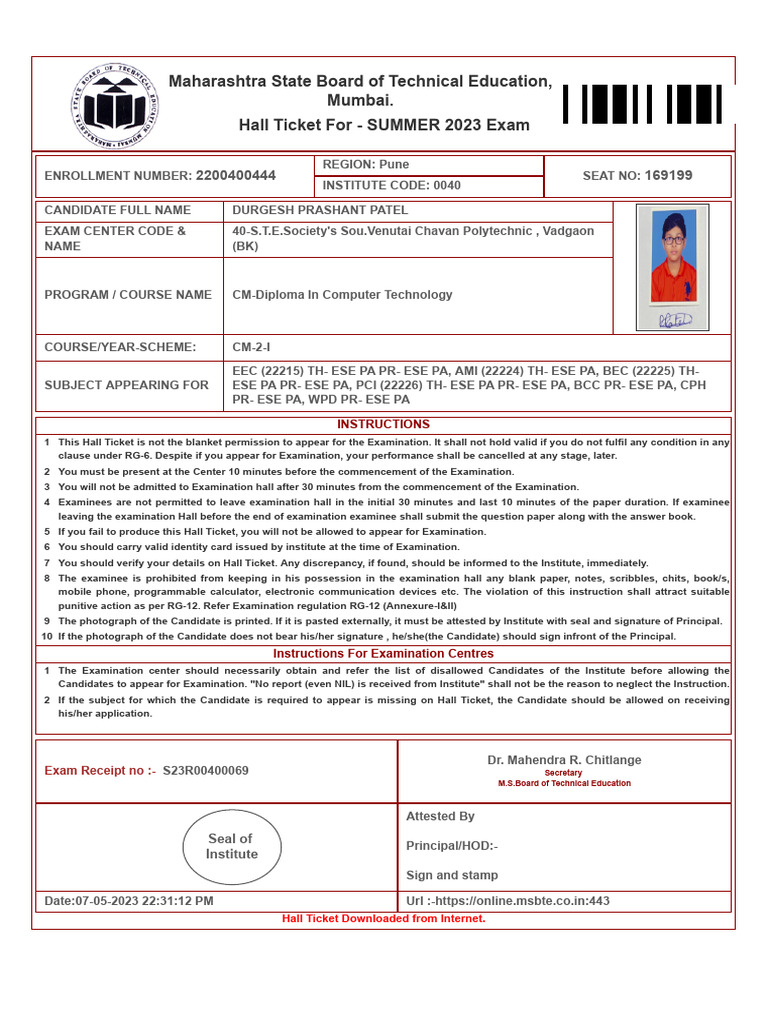 HALL TICKET FOR SUMMER 2023 of 2200400444 | PDF