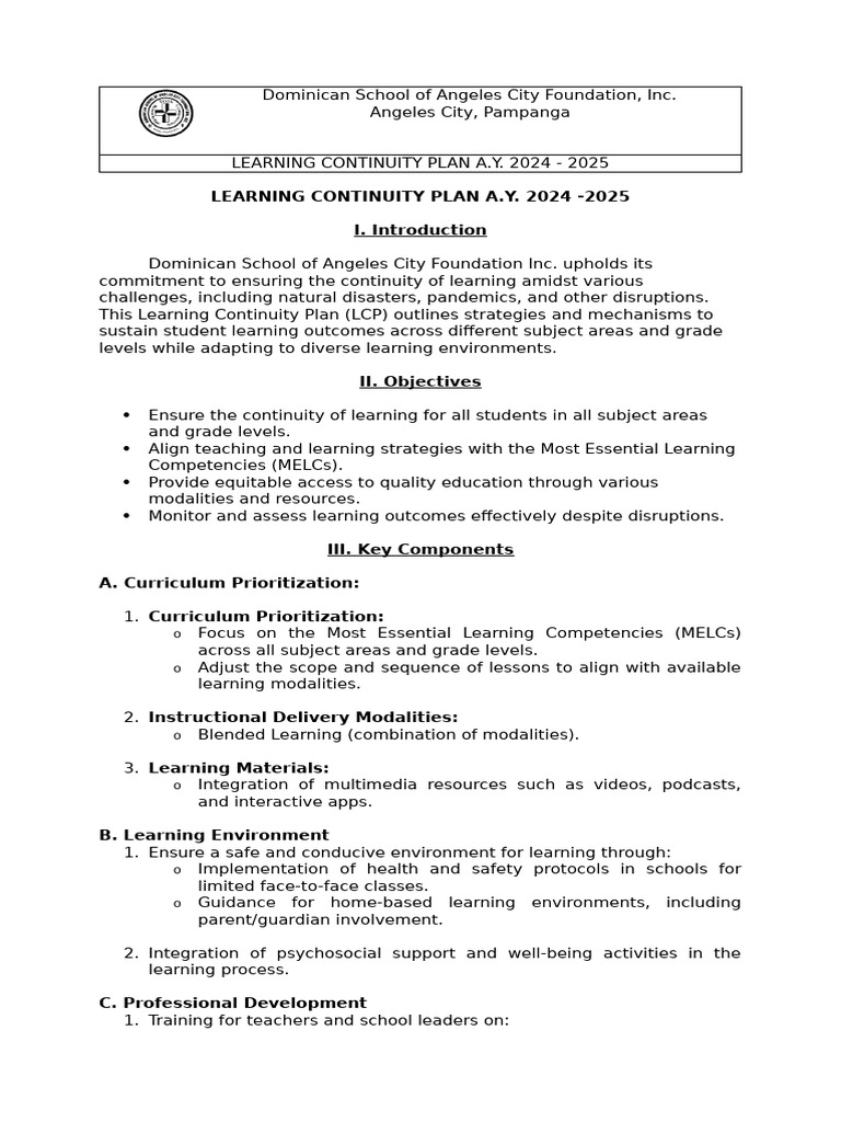 Dominican School Learning Continuity Plan 2024 | PDF | Learning ...