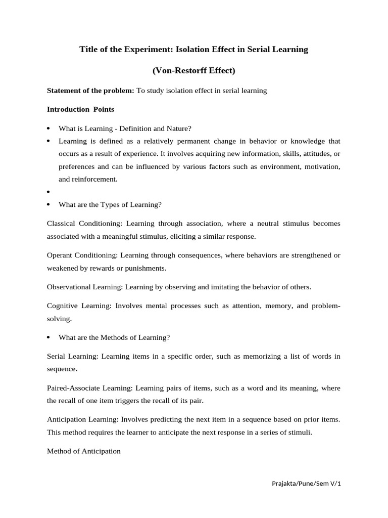 Isolation Effect in Serial Learning | PDF | Learning | Recall (Memory)