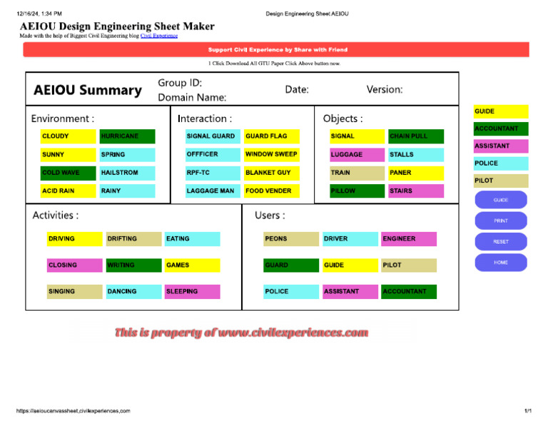 Design Engineering Sheet AEIOU | PDF